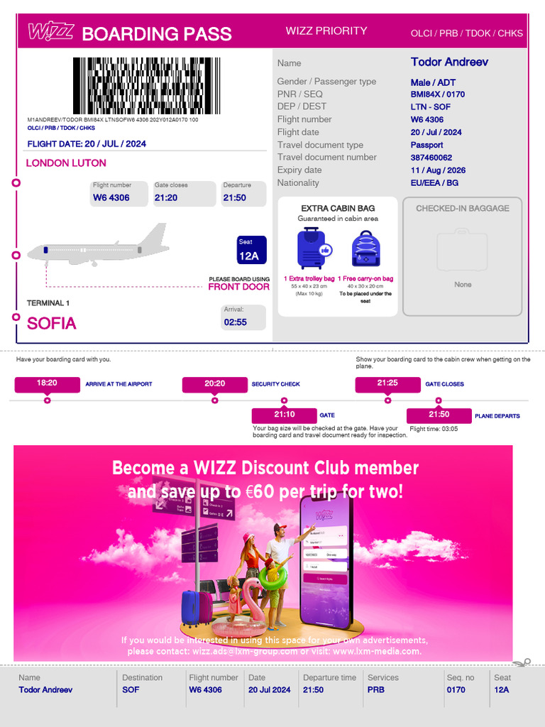 Wizz Air Flight W6 4306 Boarding Pass | PDF | Aviation | Transport