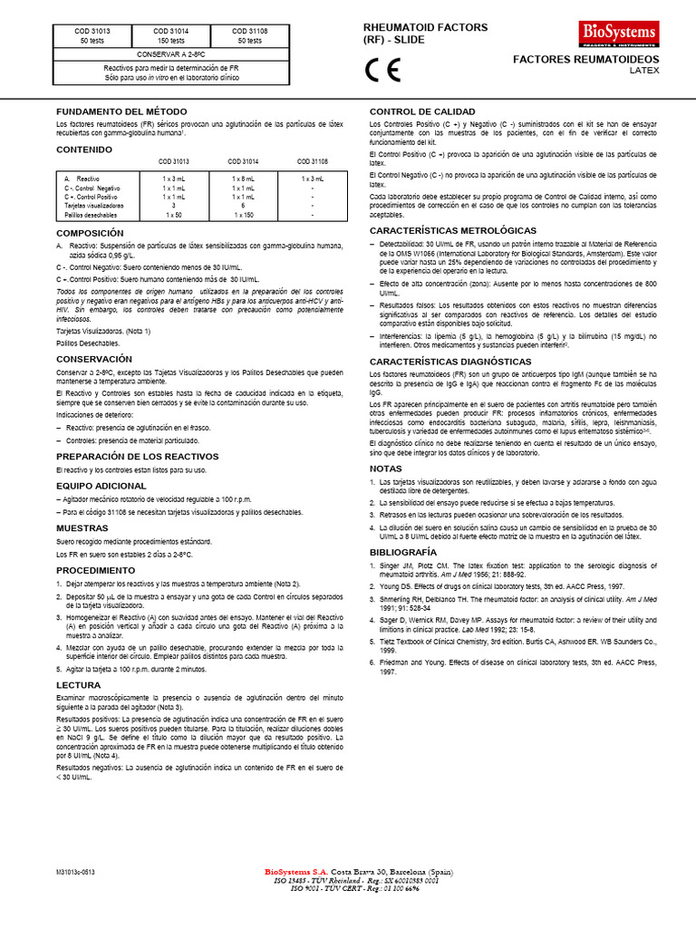 Factor Reumatoide FR Latex Biosystems Milsa Instrulab 1 | PDF ...