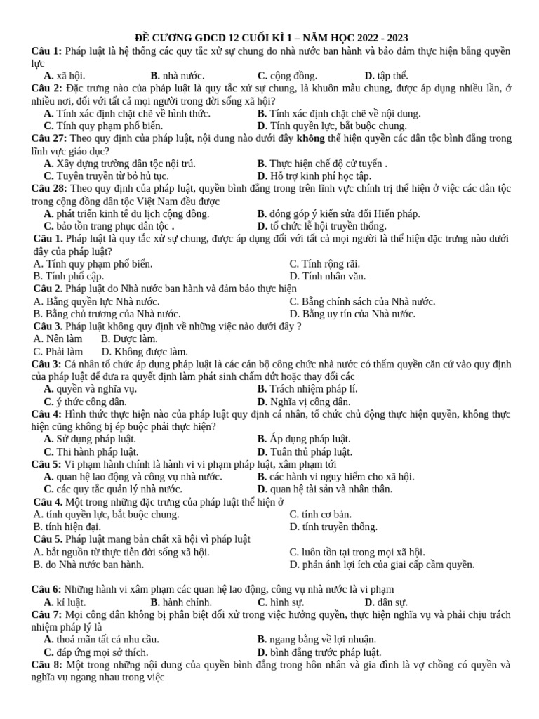 ĐỀ CƯƠNG GDCD 12 CUỐI KÌ 1 HS | PDF