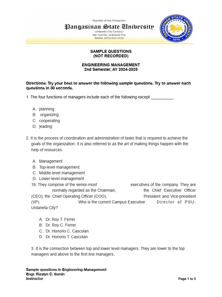 Engg Management Review Questions Midterm Coverage Student | PDF | Swot ...