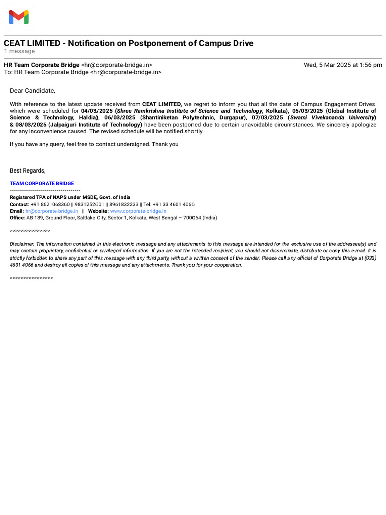 Gmail - CEAT LIMITED - Notification On Postponement of Campus Drive | PDF