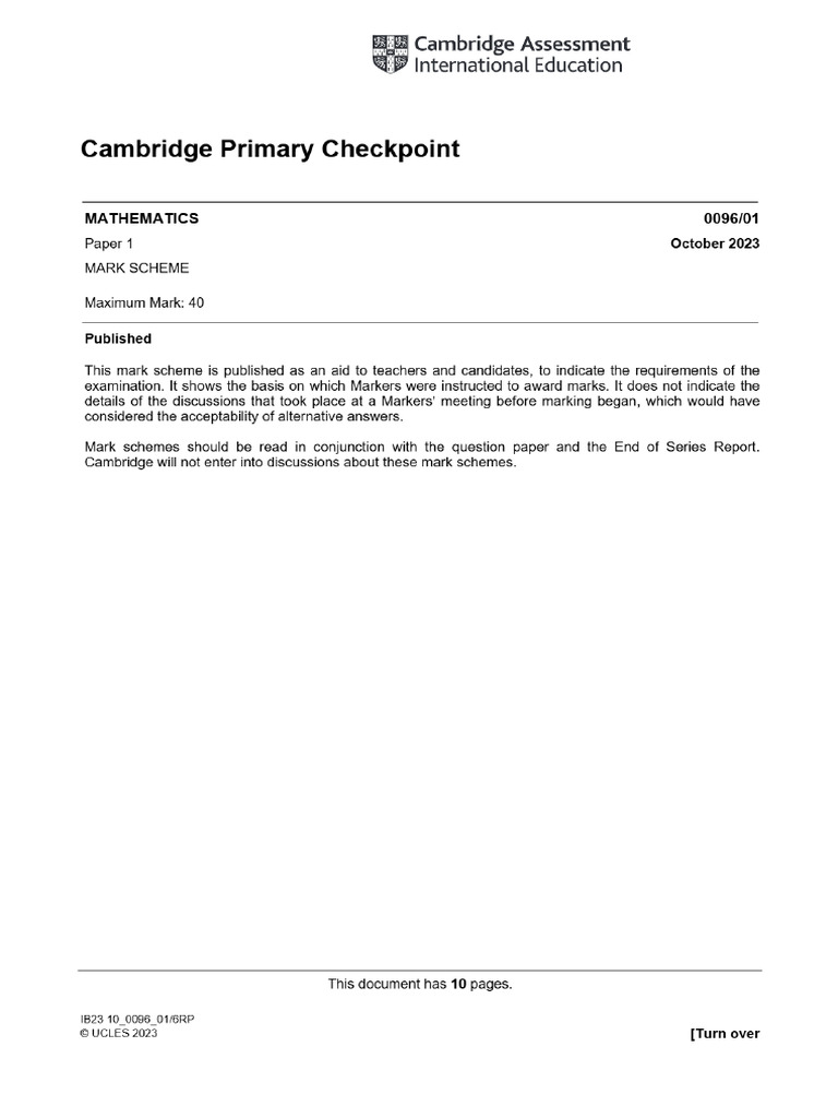 Mathematics Primary Checkpoint Mark Scheme - October 2023 P1 | PDF