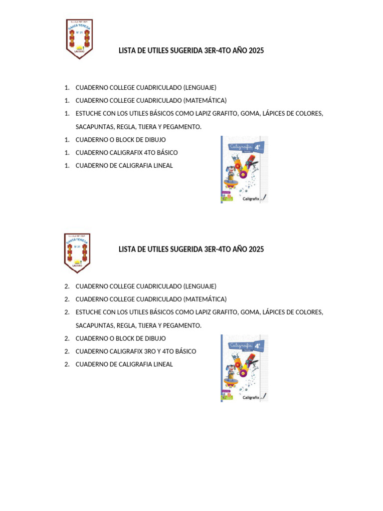 LISTA DE UTILES SUGERIDA 3ERO 4TO | PDF