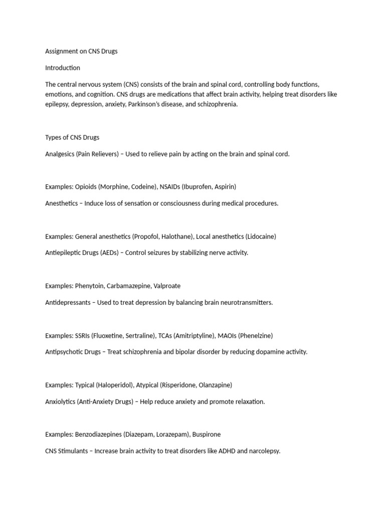 Overview of CNS Drugs and Their Uses | PDF