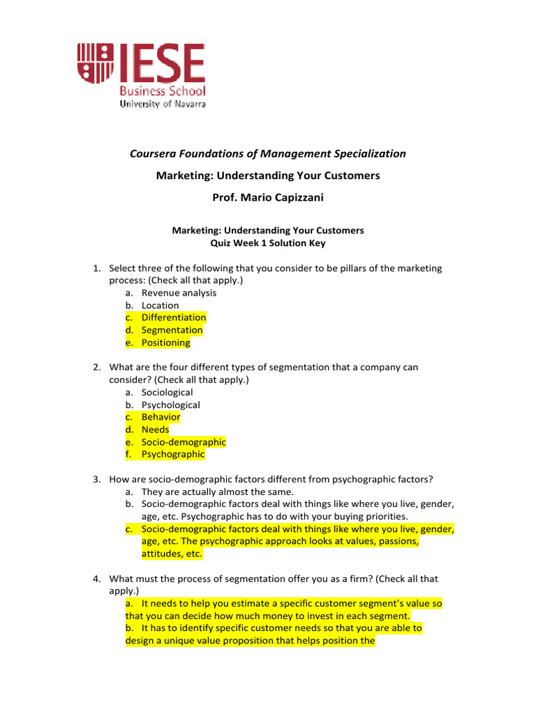 Marketing Process Quiz Solutions | PDF | Marketing | Market Segmentation