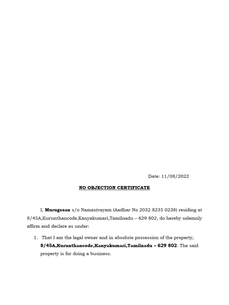 Murugesan's No Objection Certificate | PDF