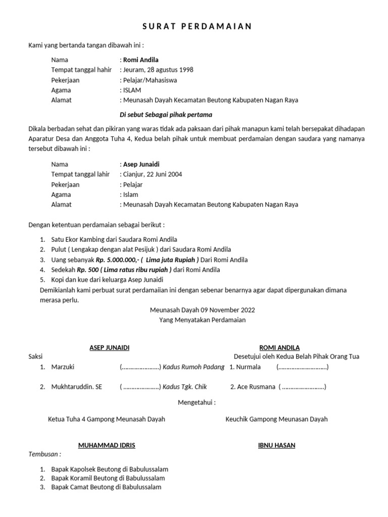 Surat Perdamaian: Romi Andila | PDF