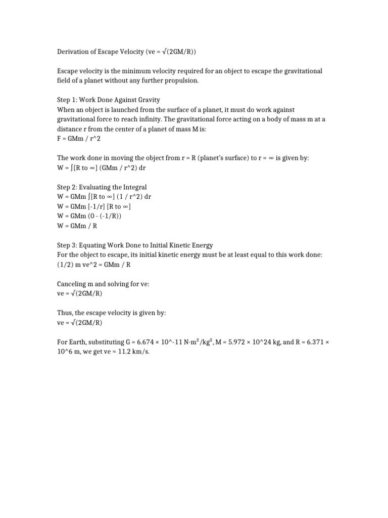 Escape Velocity Derivation | PDF
