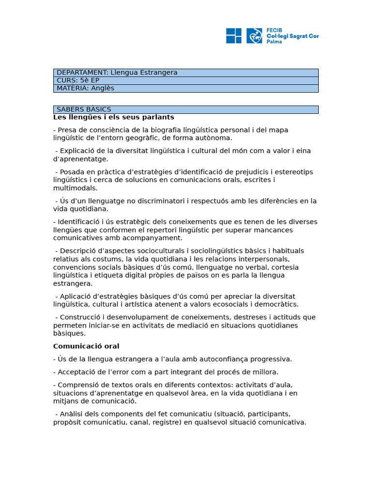 Concreció Curricular ANGLÈS | PDF
