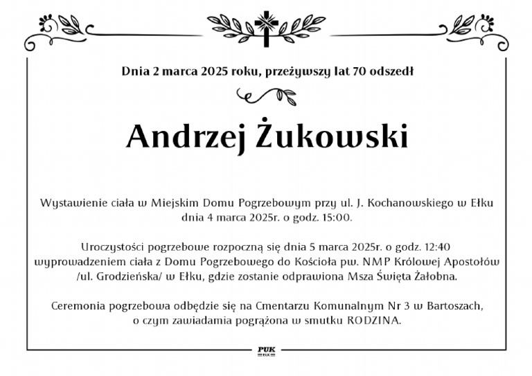 Andrzej Żukowski - Nekrolog 2025-03-02 | PDF
