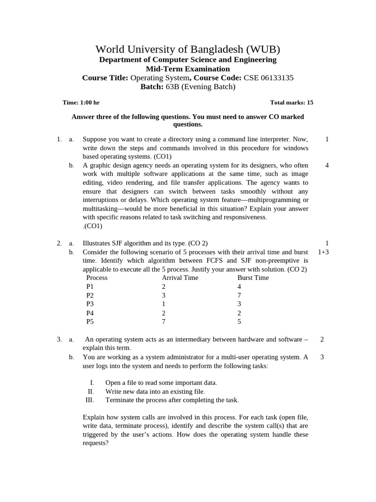 WUB CSE Mid-Term Exam: Operating Systems | PDF | Operating System | Information Technology
