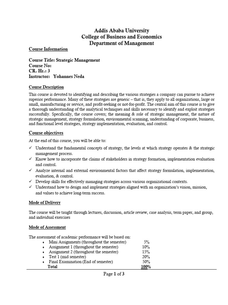 Strategic Managemnt Course Outline | PDF | Strategic Management ...