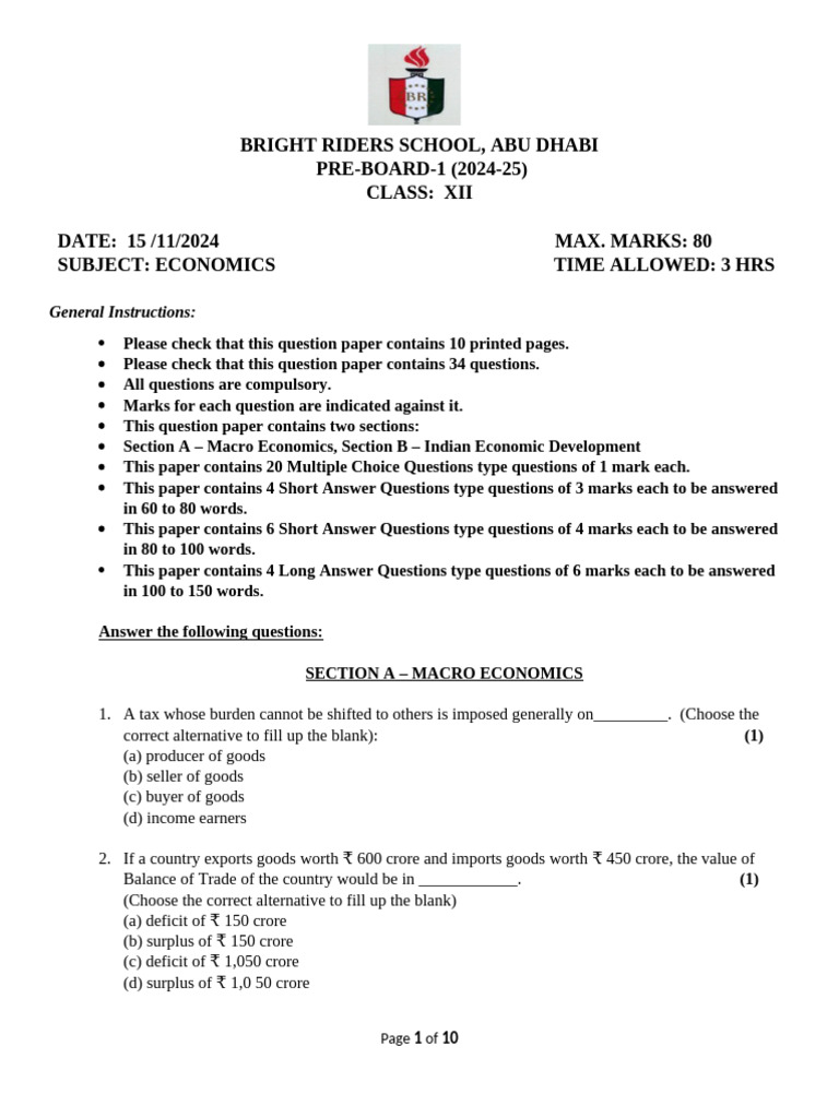 SET - 1-Pre-Board - 1 (2024-25) | PDF | Balance Of Trade | Economics