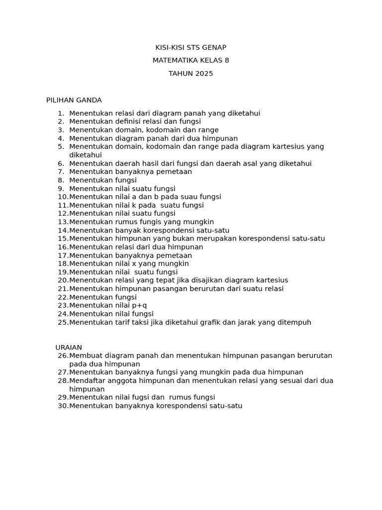 Kisi-Kisi Sts Genap Matematika Kelas 8 | PDF