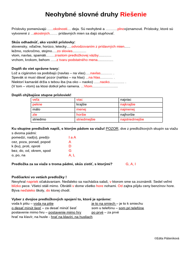 Neohybné Slovné Druhy Riešenie | PDF
