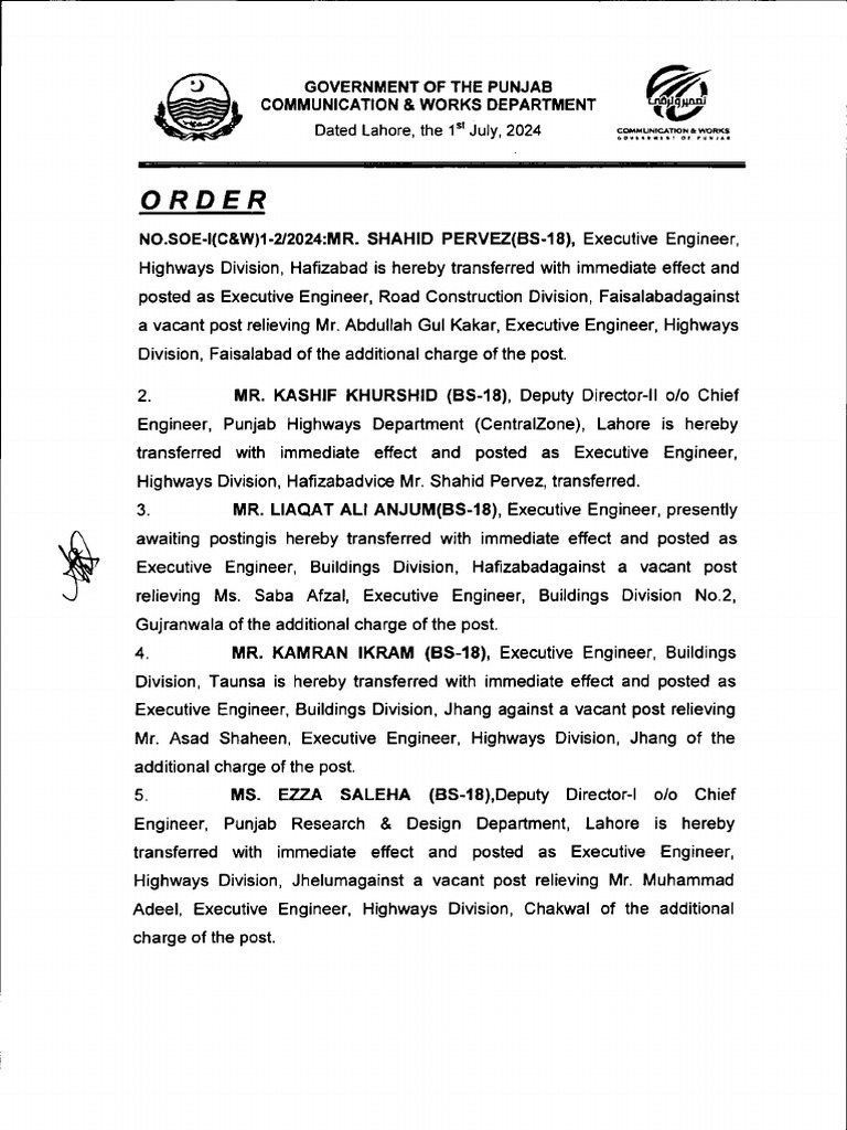 Transfer Orders-01.07.24 | PDF