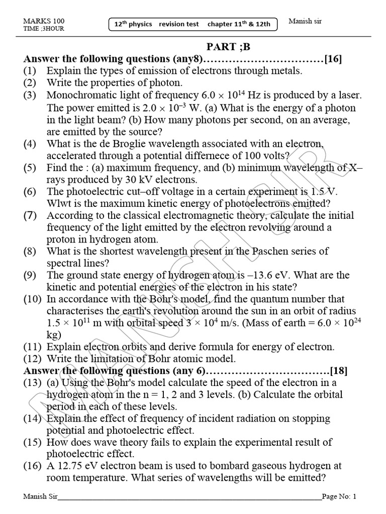 12th Grade Physics Revision Test Guide | PDF | Electron | Photoelectric ...