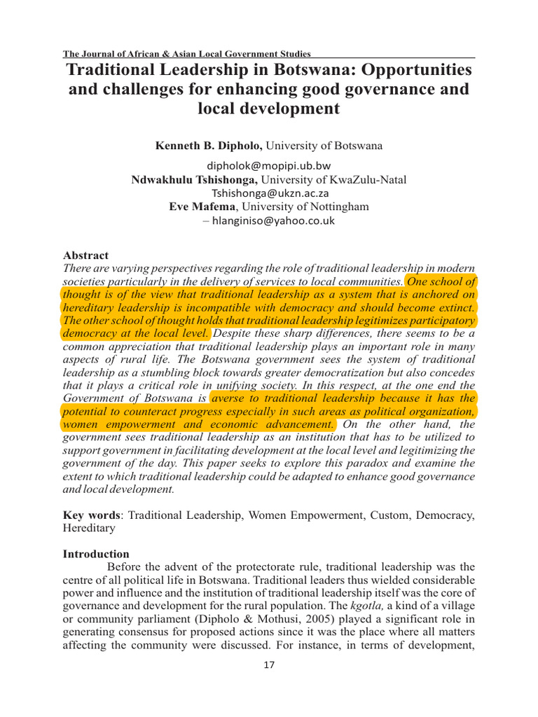 Traditional Leadership and Governance in Botswana | PDF | Leadership ...