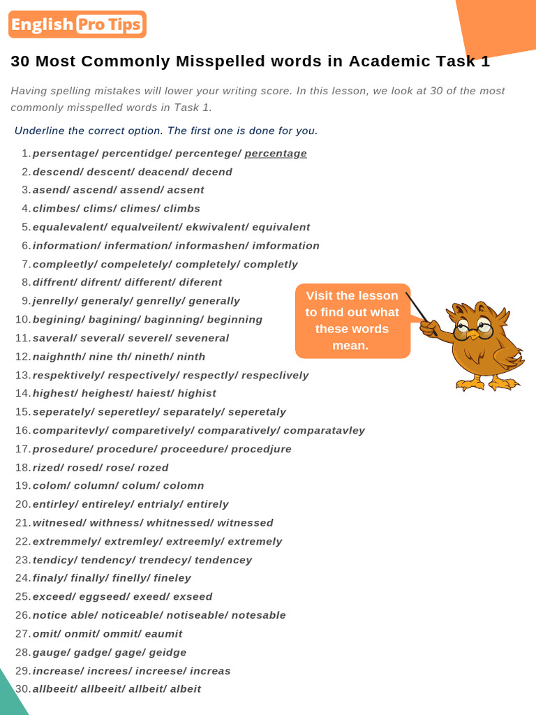 30 Most Commonly Misspelled Words in Academic Task 1 | PDF