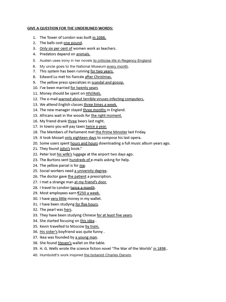 Questions for Underlined Words | PDF