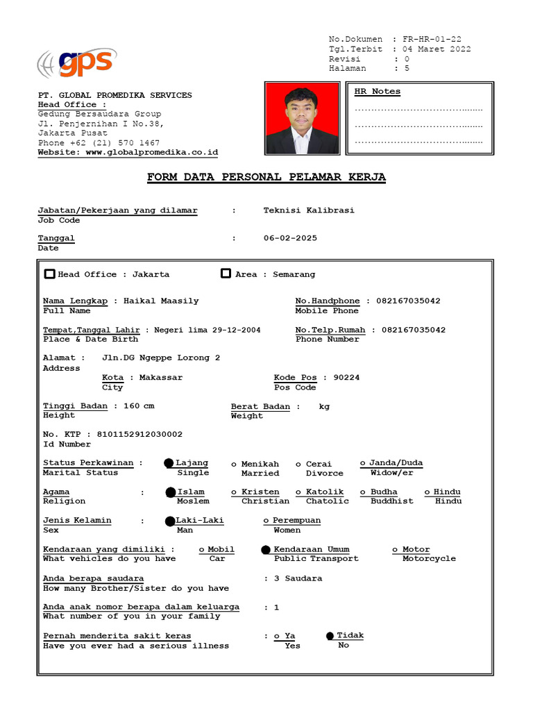 Form Data Personal Pelamar Kerja - Pt. Global Promedika Services ...