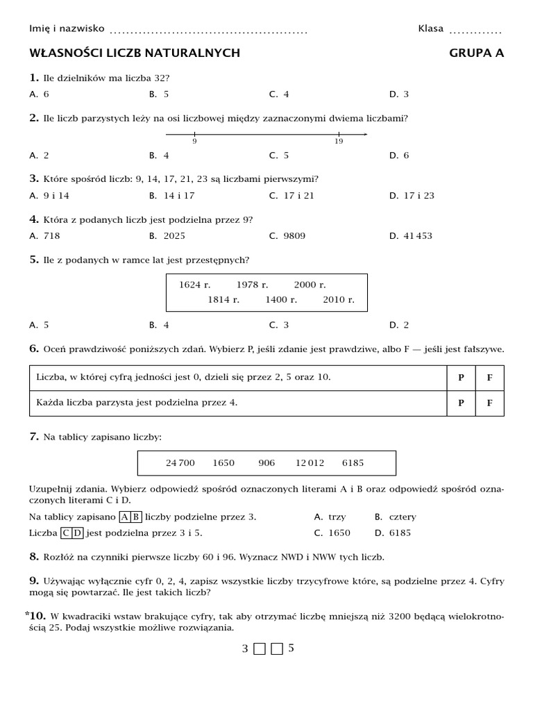 Praca Klasowa Wlasnosci Liczb Naturalnych - 5 Klasa 2 | PDF