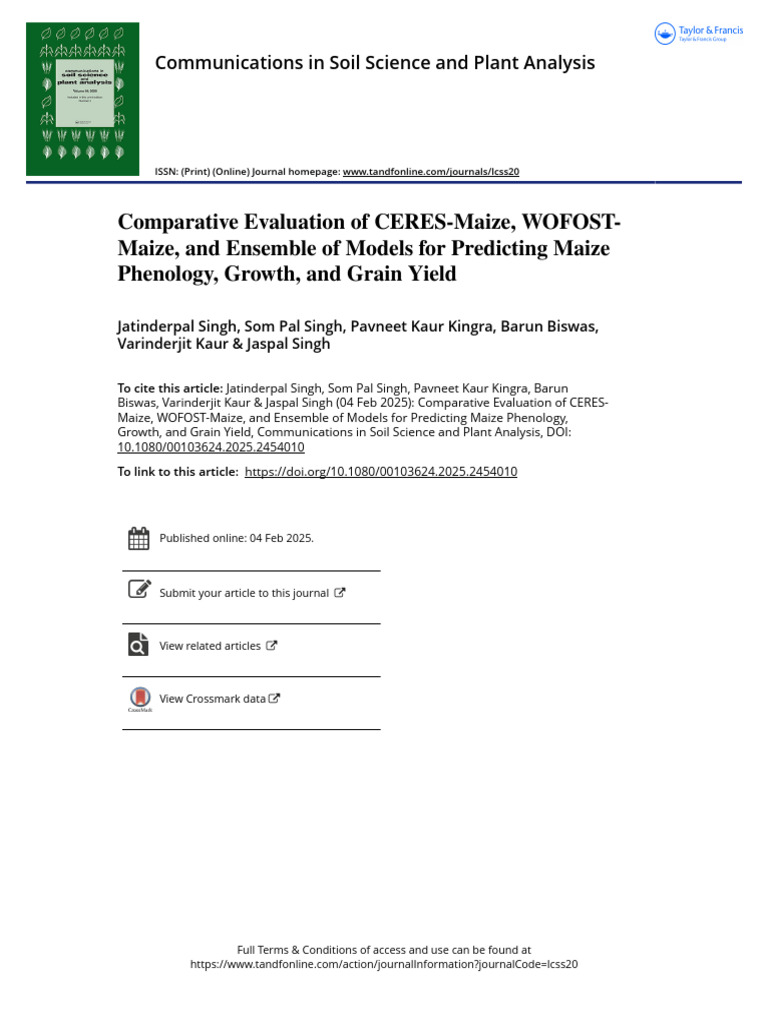 Comparative Evaluation of CERES-Maize WOFOST-Maize and Ensemble of Models for Predicting Maize ...