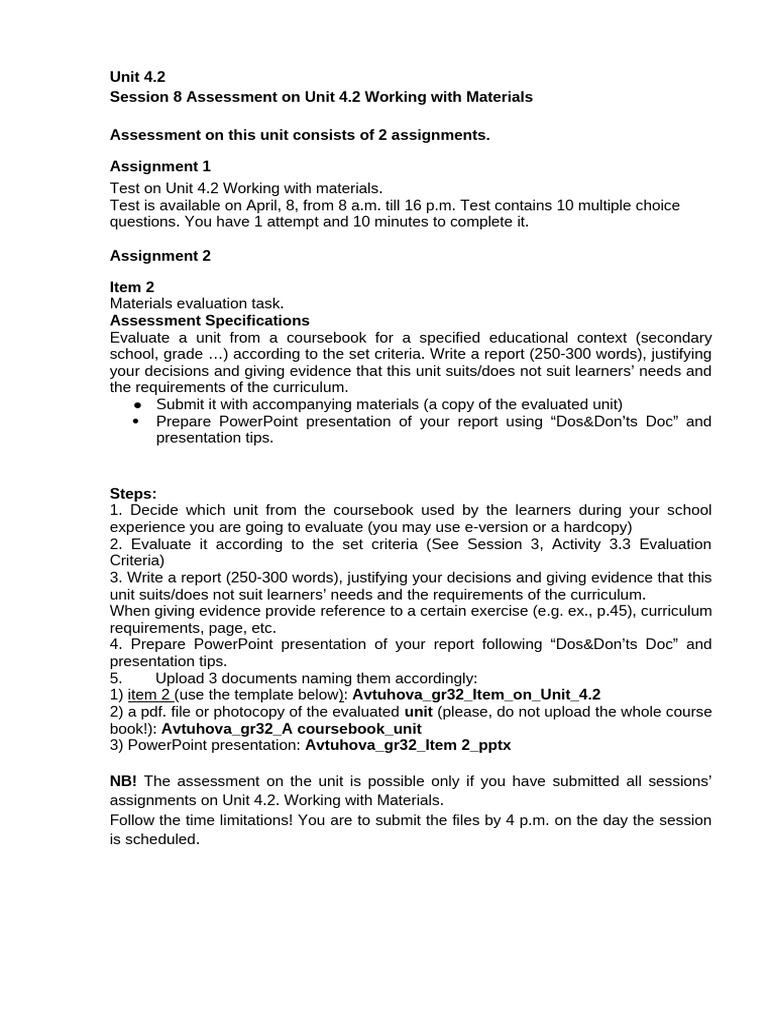 Unit 4.2 Session 8 Assessment | PDF | Curriculum