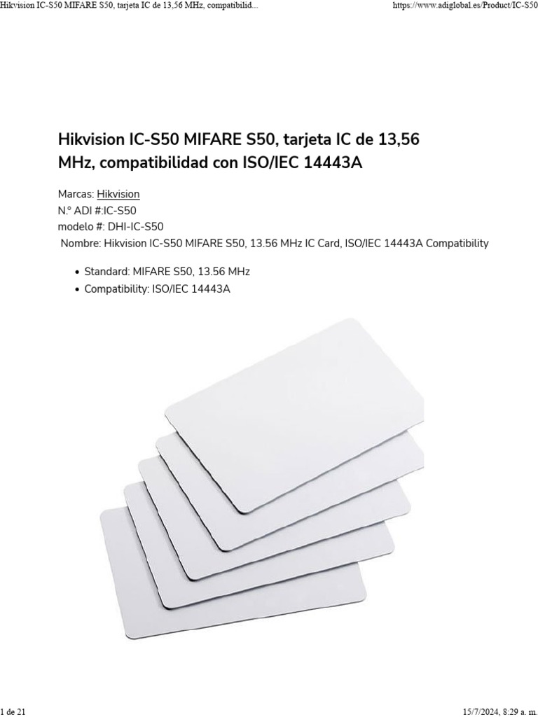 Hikvision IC-S50 MIFARE S50, Tarjeta IC de 13,56 MHz, Compatibilidad Con ISO_IEC 14443A | PDF ...