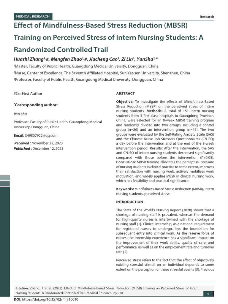 Effect of Mindfulness Based Stress Reduction MBSR Training On Perceived Stress of Intern Nursing ...
