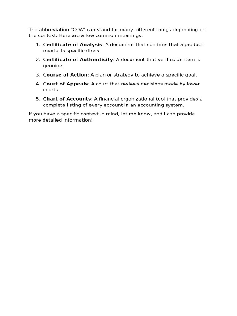 Common Meanings of COA Abbreviation | PDF