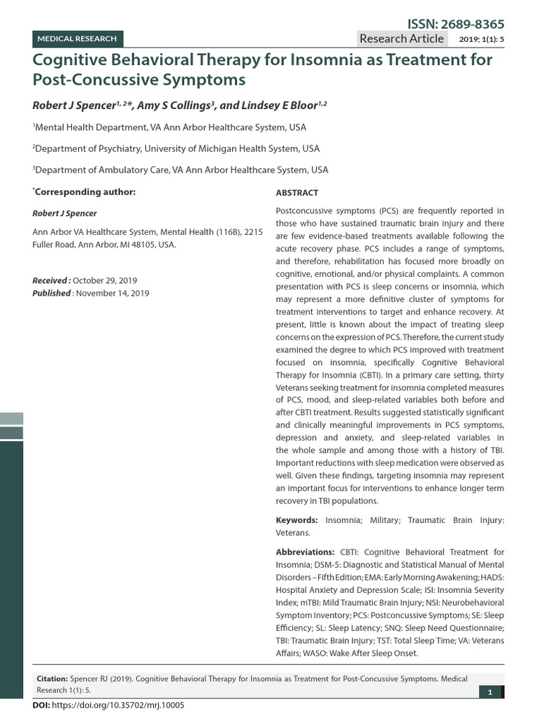 Cognitive Behavioral Therapy For Insomnia As Treatment For Post ...