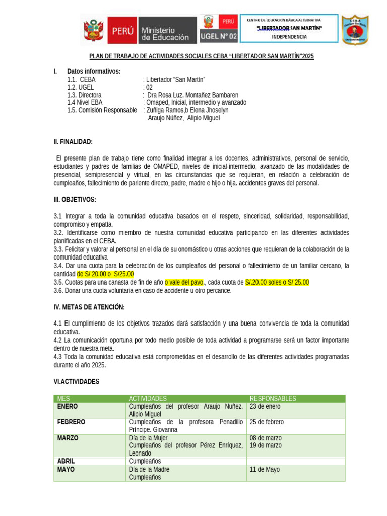 Plan De Trabajo De Actividades Sociales Pdf