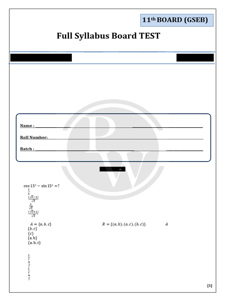 XI - Pre - Board - Maths-1 - GSEB - Full Syllabus - Paper | PDF | Mathematics | Analytic Geometry