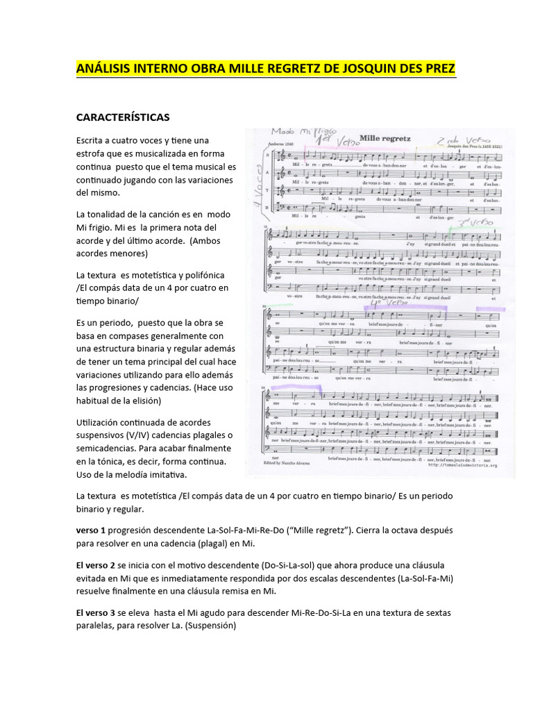 Analisis Interno Obra Mille Regretz de Josquin Des Prez PDF Free | PDF