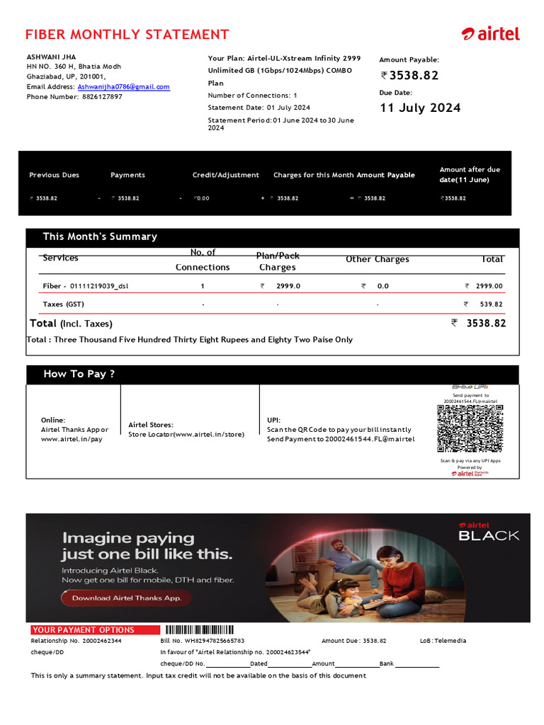 Airtel Fiber Bill Summary - July 2024 | PDF | Banking Technology | Payments