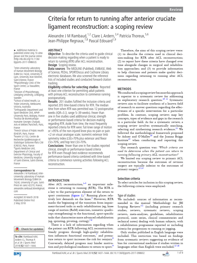 Criteria for Return to Running After Anterior Cruciate | PDF ...