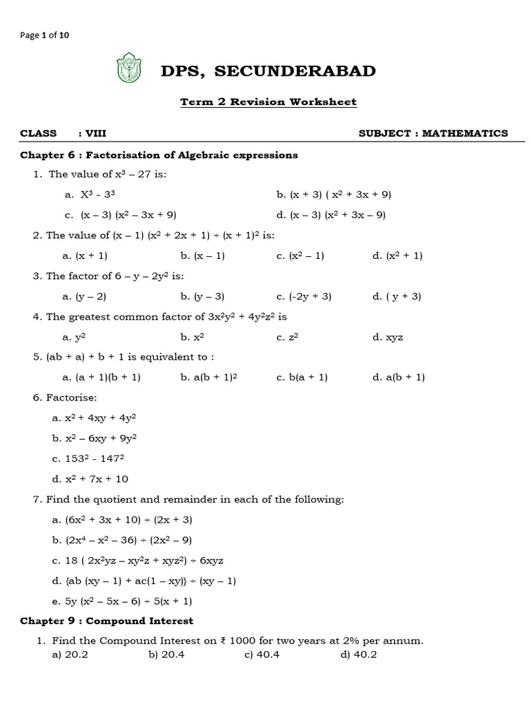 Cl8 - Math - Revision Worksheet | PDF | Compound Interest | Area