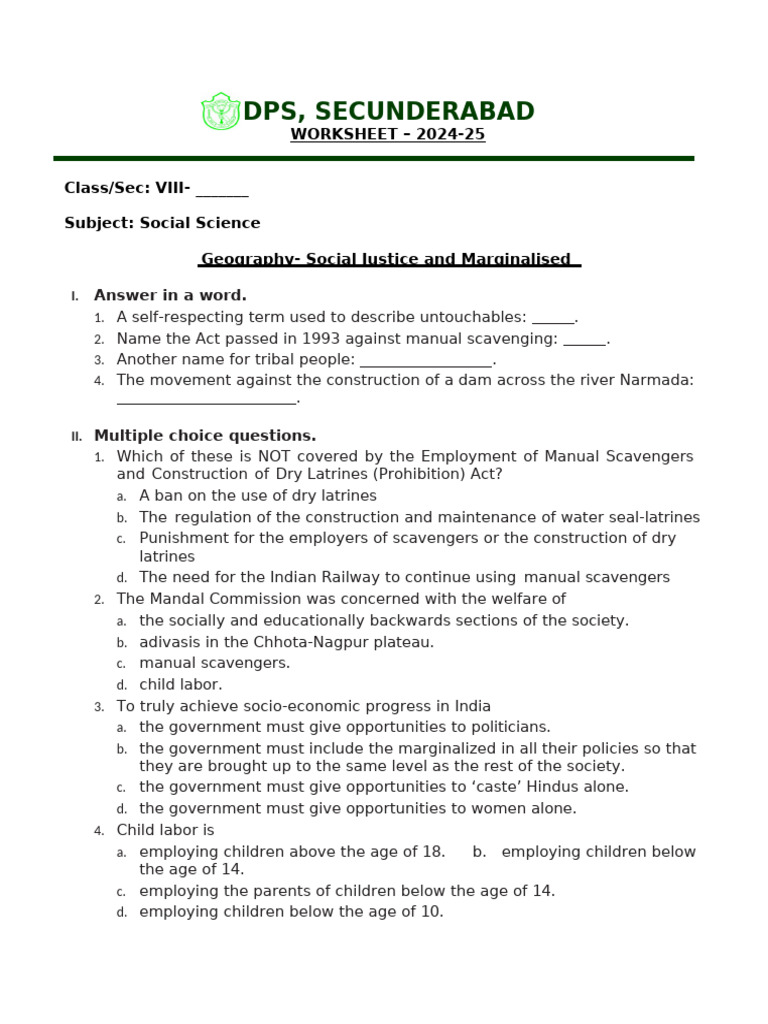 WS On Social Justice and Marginalised Class 8 | PDF | Social Policy