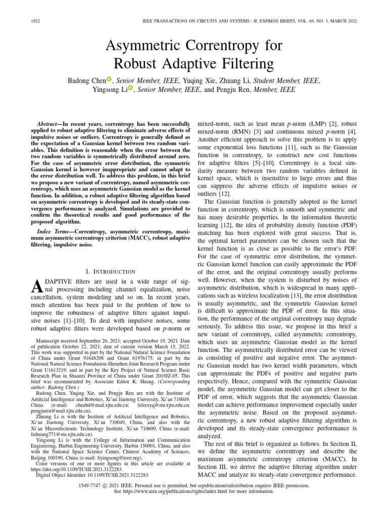Asymmetric Correntropy For Robust Adaptive Filtering | PDF | Normal Distribution | Robust Statistics