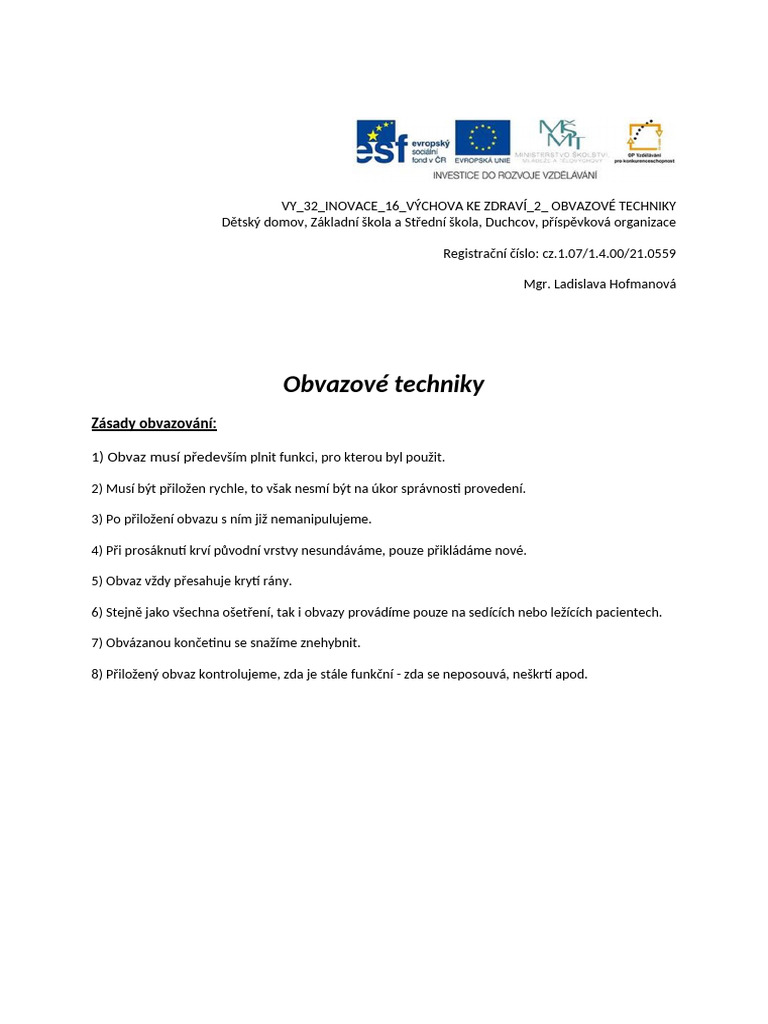 Vy 32 Inovace 16 Vã Chova Ke Zdravã 2 Obvazovã Techniky | PDF