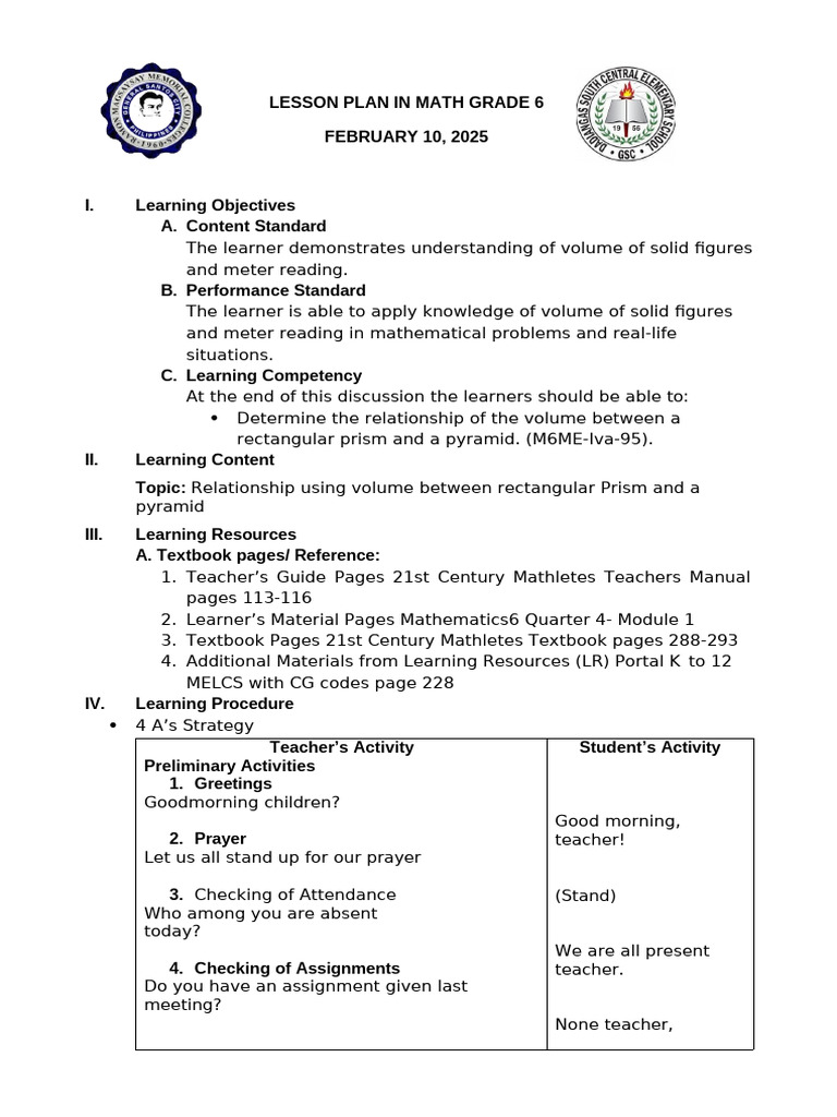 Lesson Plan in Math Grade 6 | PDF | Volume | Area