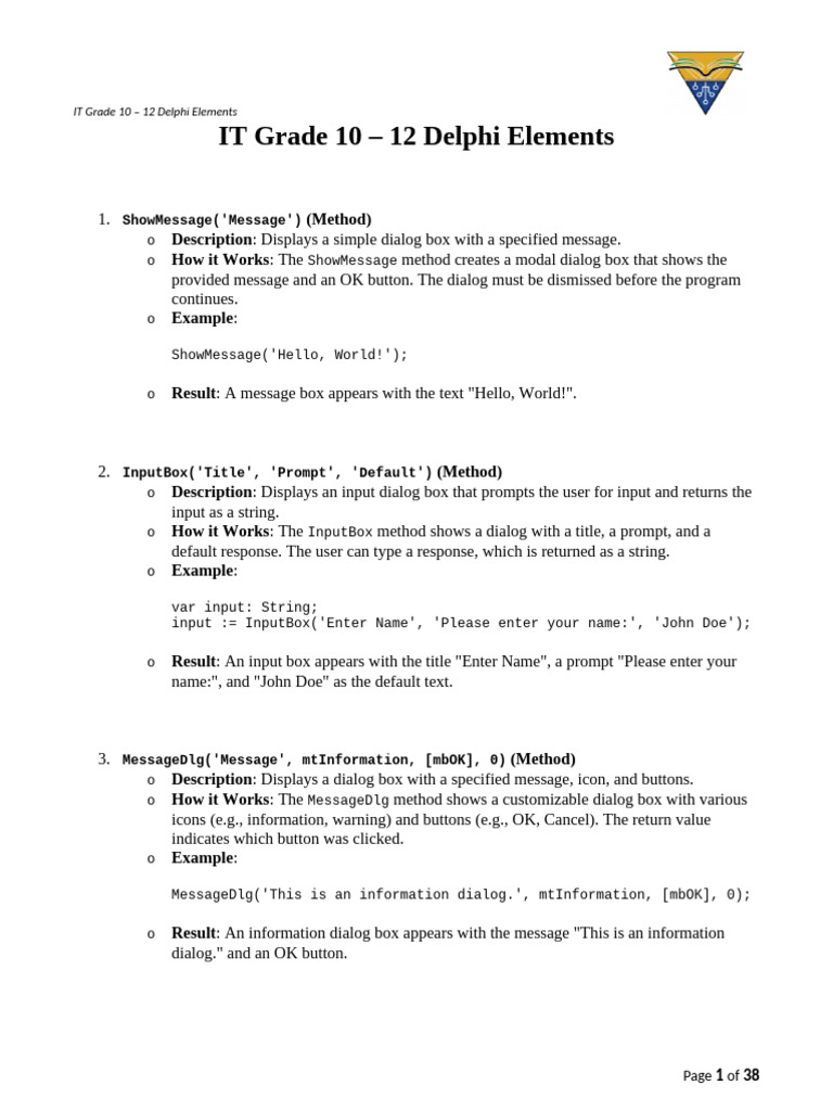 IT Grade 10 - 12 Delphi Elements | PDF | Control Flow | Text File