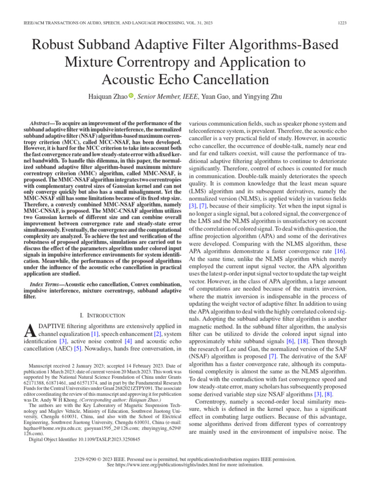 Robust Subband Adaptive Filter Algorithms-Based Mixture Correntropy and Application To Acoustic ...