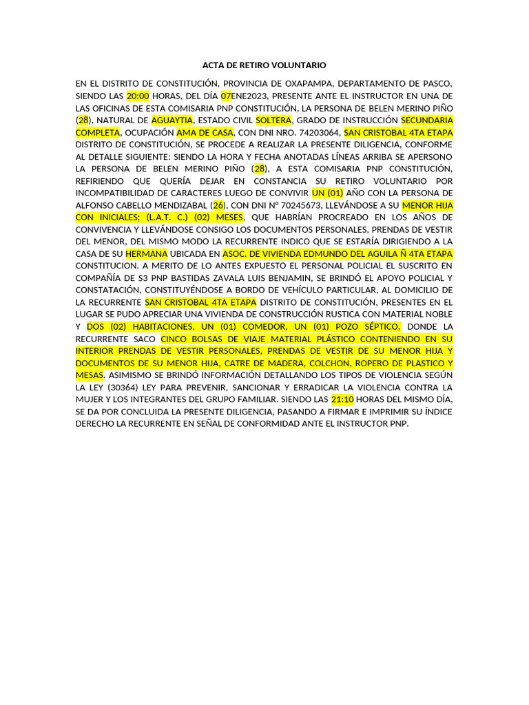 Acta de Retiro Voluntario | PDF