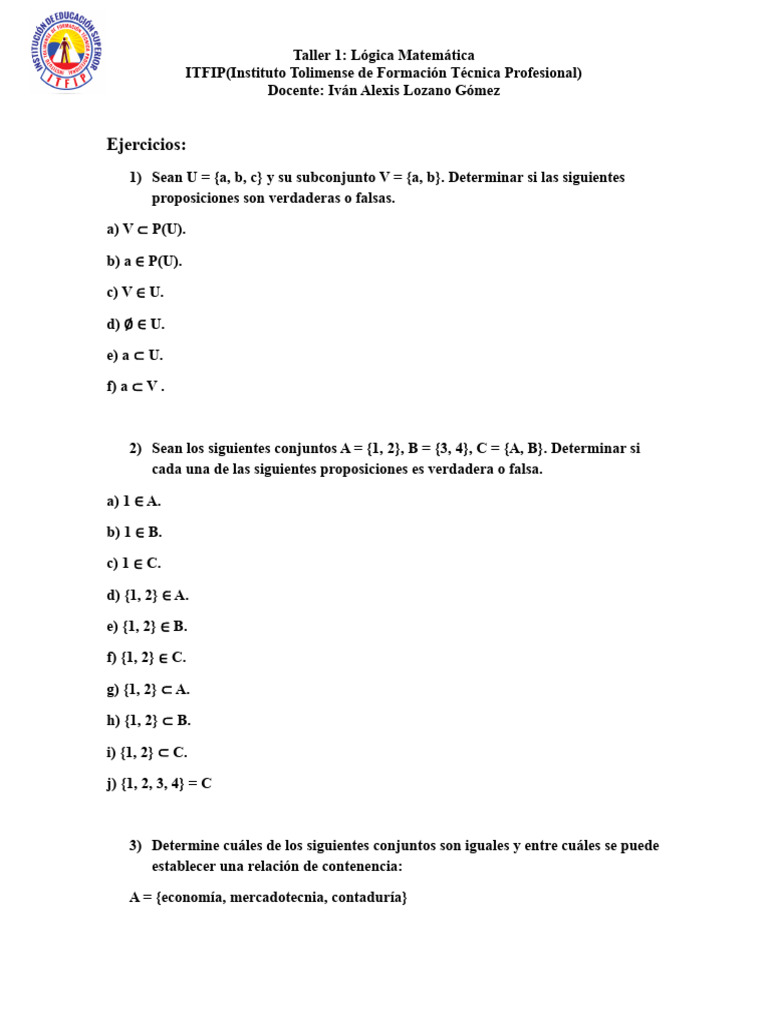 Ejercicios de Lógica Matemática ITFIP | PDF | Matemáticas | Lógica ...