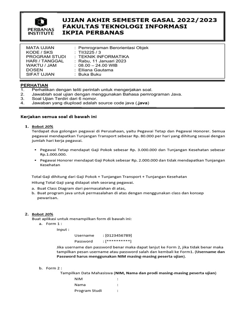 Soal UAS PBO Gasal 2022-2023 | PDF