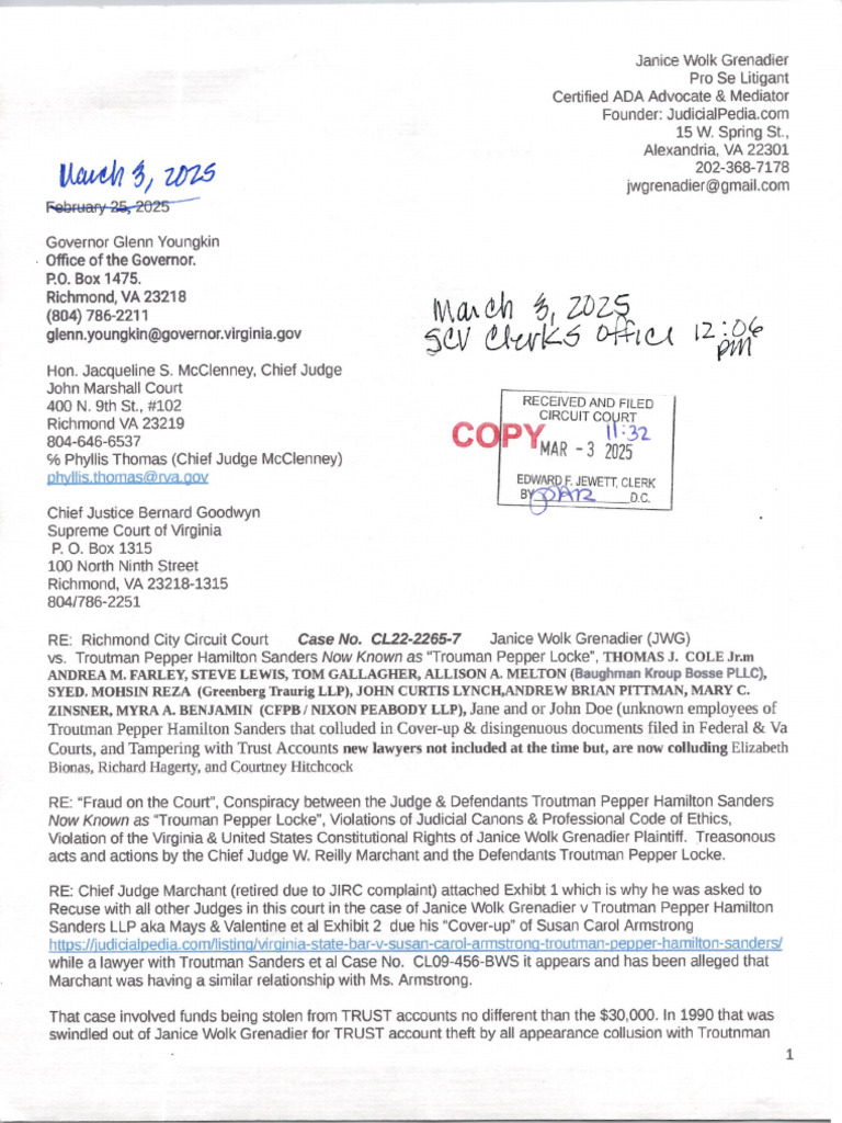 Letter RE: Judicail Corruption by Judge Marchant & Trouman Pepper Locke ...