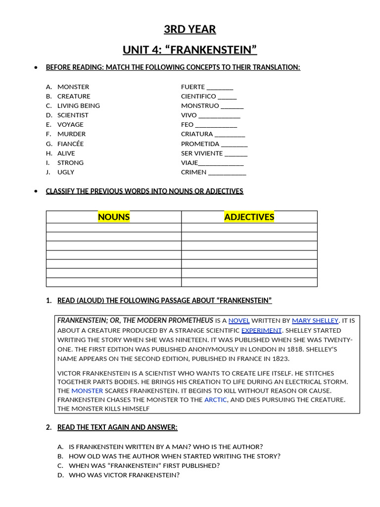 Frankenstein Study Guide Activities | PDF