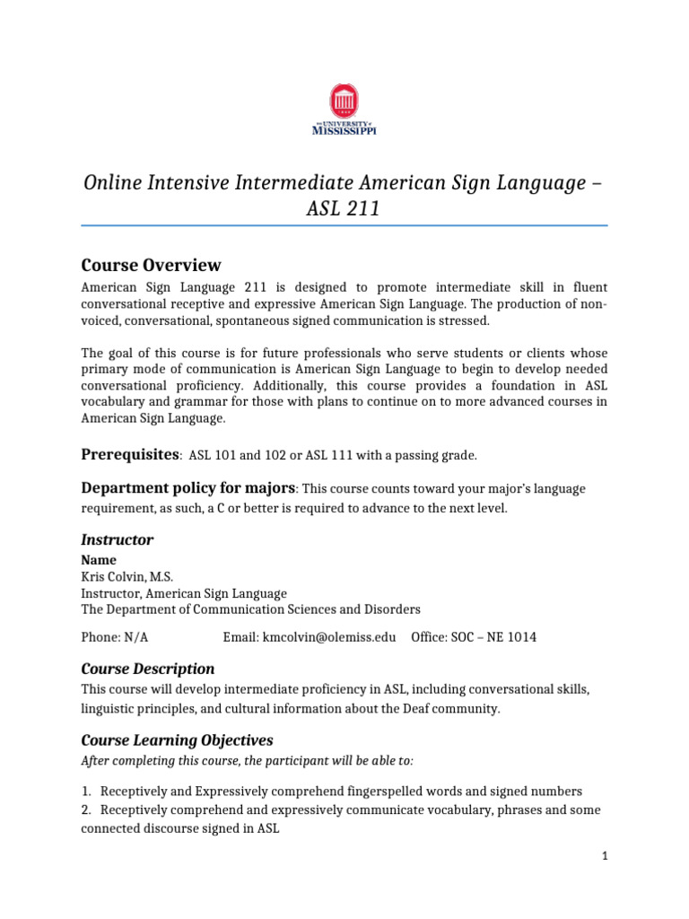 Online_ASL_211_Syllabus_Colvin | PDF | American Sign Language | Sign Language